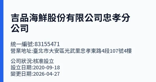 吉品海鮮股份有限公司忠孝分公司的照片-統編 83155471(臺北市) 公司登記資料與營業項目詳細圖表