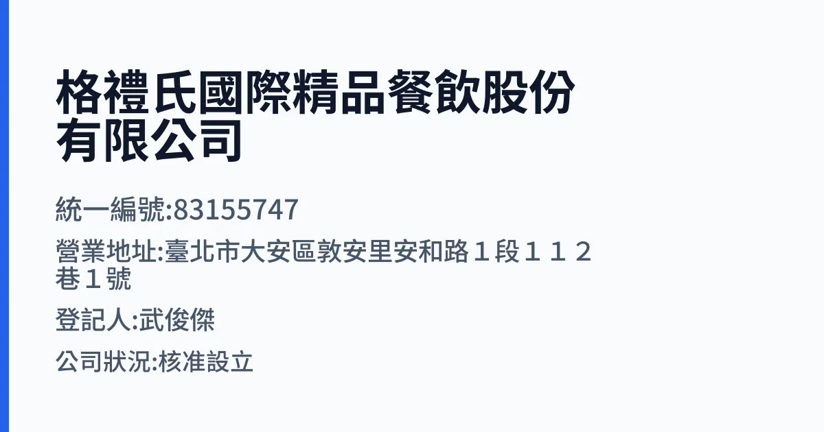 格禮氏國際精品餐飲股份有限公司 - 統編 83155747(臺北市) 公司登記資料與營業項目詳細圖表