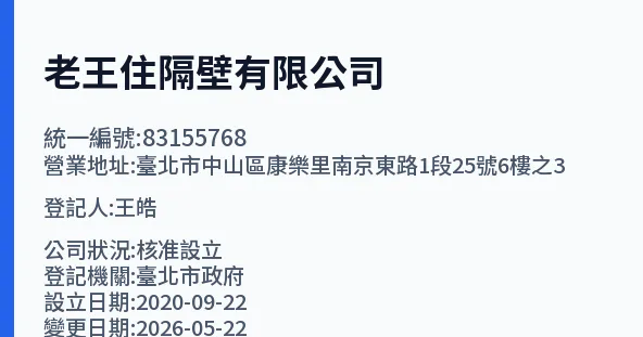 老王住隔壁有限公司的照片-統編 83155768(臺北市) 公司登記資料與營業項目詳細圖表