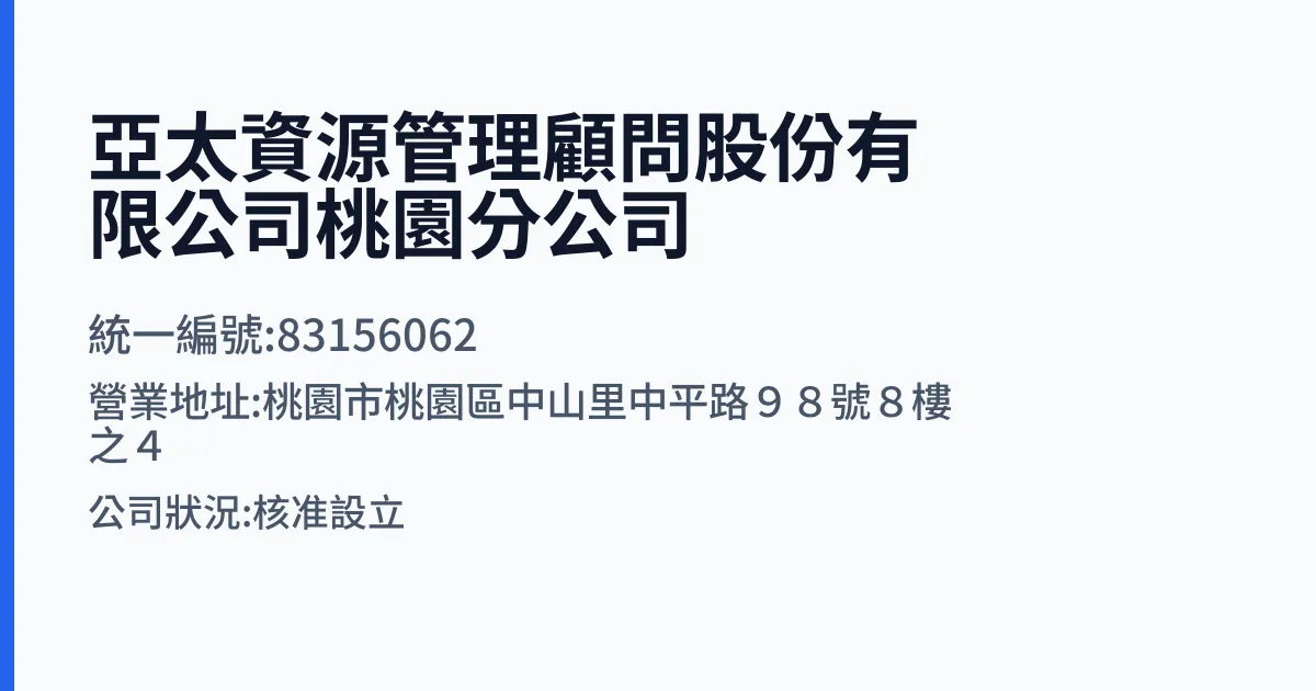 亞太資源管理顧問股份有限公司桃園分公司 - 統編 83156062(桃園市) 公司登記資料與營業項目詳細圖表