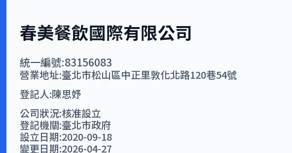 春美餐飲國際有限公司的照片-統編 83156083(臺北市) 公司登記資料與營業項目詳細圖表
