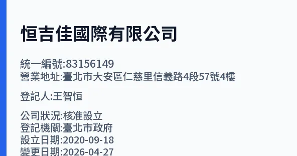 恒吉佳國際有限公司的照片-統編 83156149(臺北市) 公司登記資料與營業項目詳細圖表
