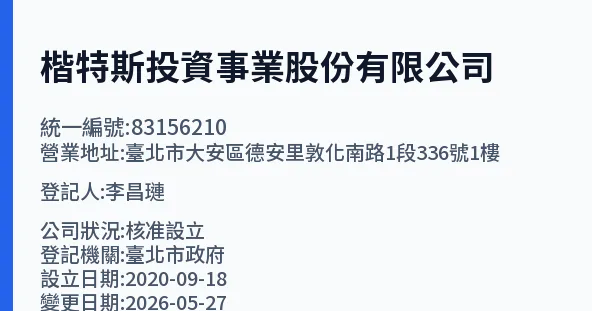 楷特斯投資事業股份有限公司的照片-統編 83156210(臺北市) 公司登記資料與營業項目詳細圖表