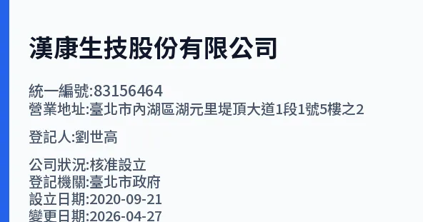 漢康生技股份有限公司的照片-統編 83156464(臺北市) 公司登記資料與營業項目詳細圖表
