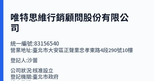 唯特思維行銷顧問股份有限公司的照片-統編 83156540(臺北市) 公司登記資料與營業項目詳細圖表