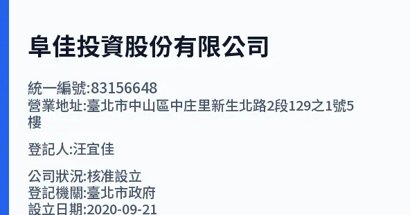 阜佳投資股份有限公司的照片-統編 83156648(臺北市) 公司登記資料與營業項目詳細圖表