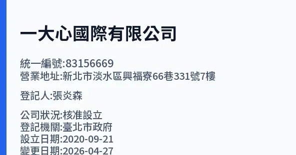 一大心國際有限公司的照片-統編 83156669(新北市) 公司登記資料與營業項目詳細圖表