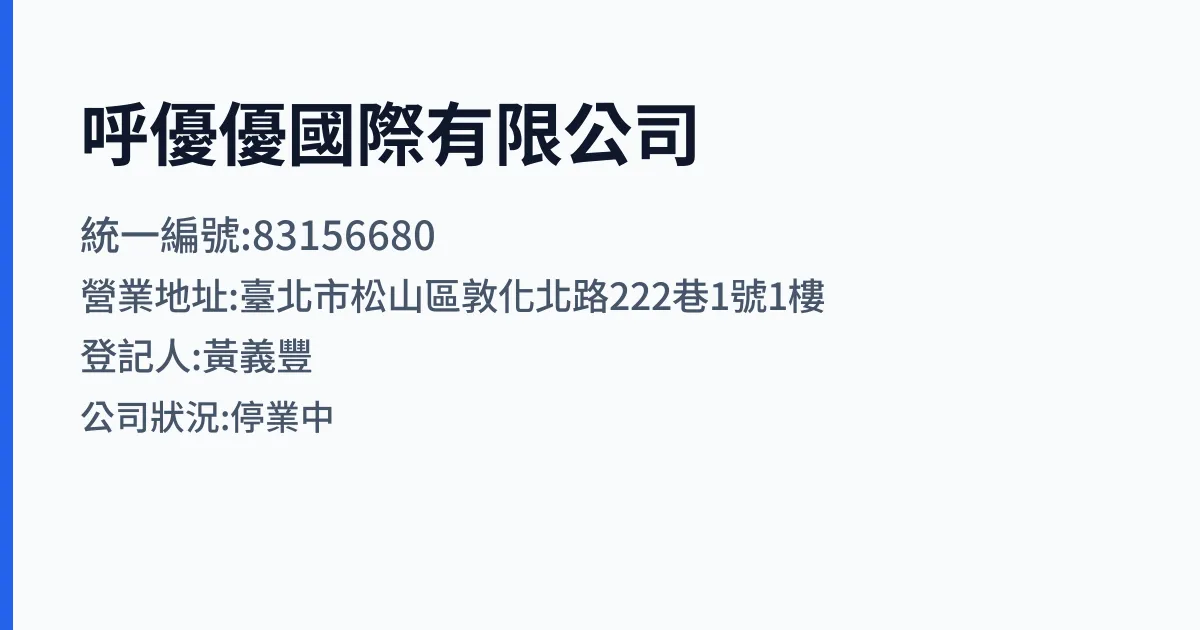呼優優國際有限公司 - 統編 83156680(臺北市) 公司登記資料與營業項目詳細圖表