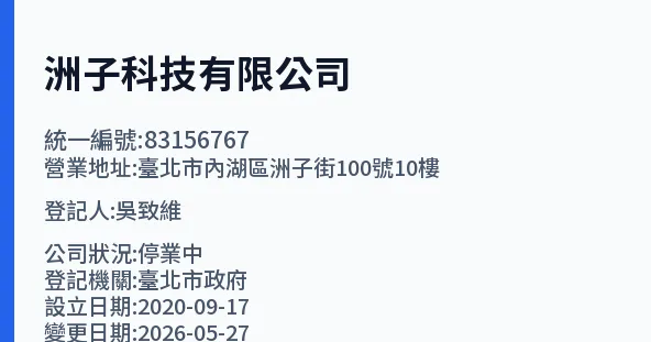 洲子科技有限公司的照片-統編 83156767(臺北市) 公司登記資料與營業項目詳細圖表