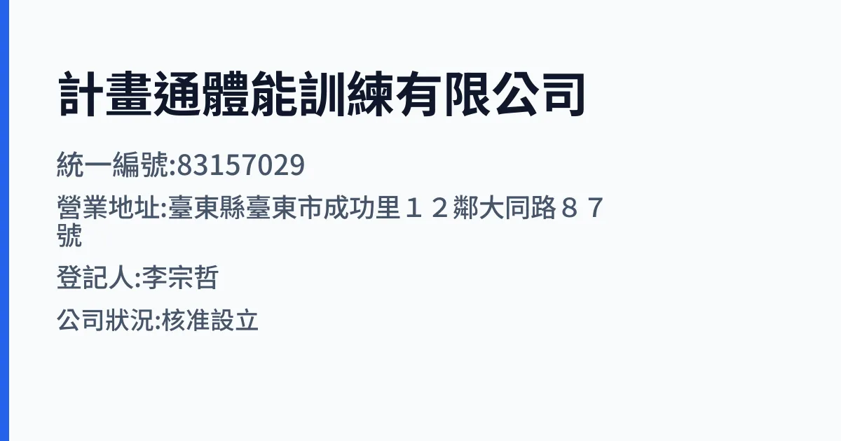 計畫通體能訓練有限公司 - 統編 83157029(臺東縣) 公司登記資料與營業項目詳細圖表
