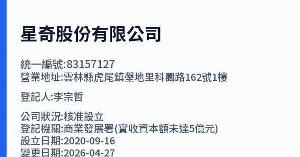 星奇股份有限公司的照片-統編 83157127(雲林縣) 公司登記資料與營業項目詳細圖表