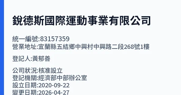 銳德斯國際運動事業有限公司的照片-統編 83157359(宜蘭縣) 公司登記資料與營業項目詳細圖表
