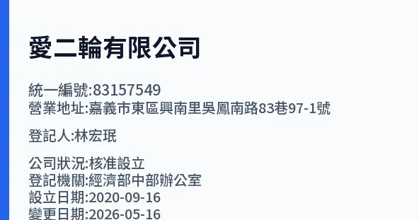 愛二輪有限公司的照片-統編 83157549(嘉義市) 公司登記資料與營業項目詳細圖表