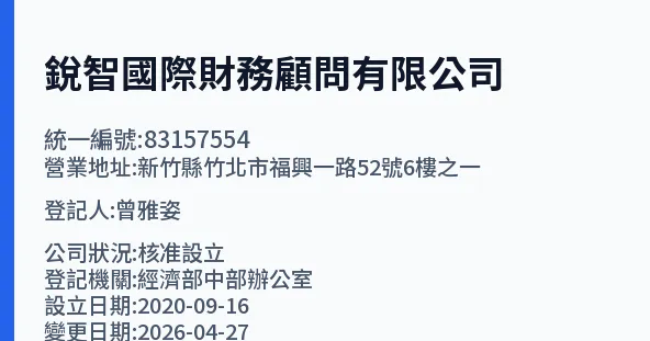 銳智國際財務顧問有限公司的照片-統編 83157554(新竹縣) 公司登記資料與營業項目詳細圖表