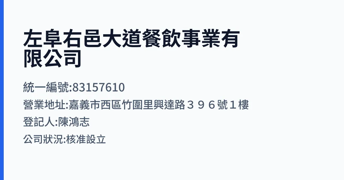 左阜右邑大道餐飲事業有限公司 - 統編 83157610（嘉義市） 公司登記資料與營業項目詳細圖表