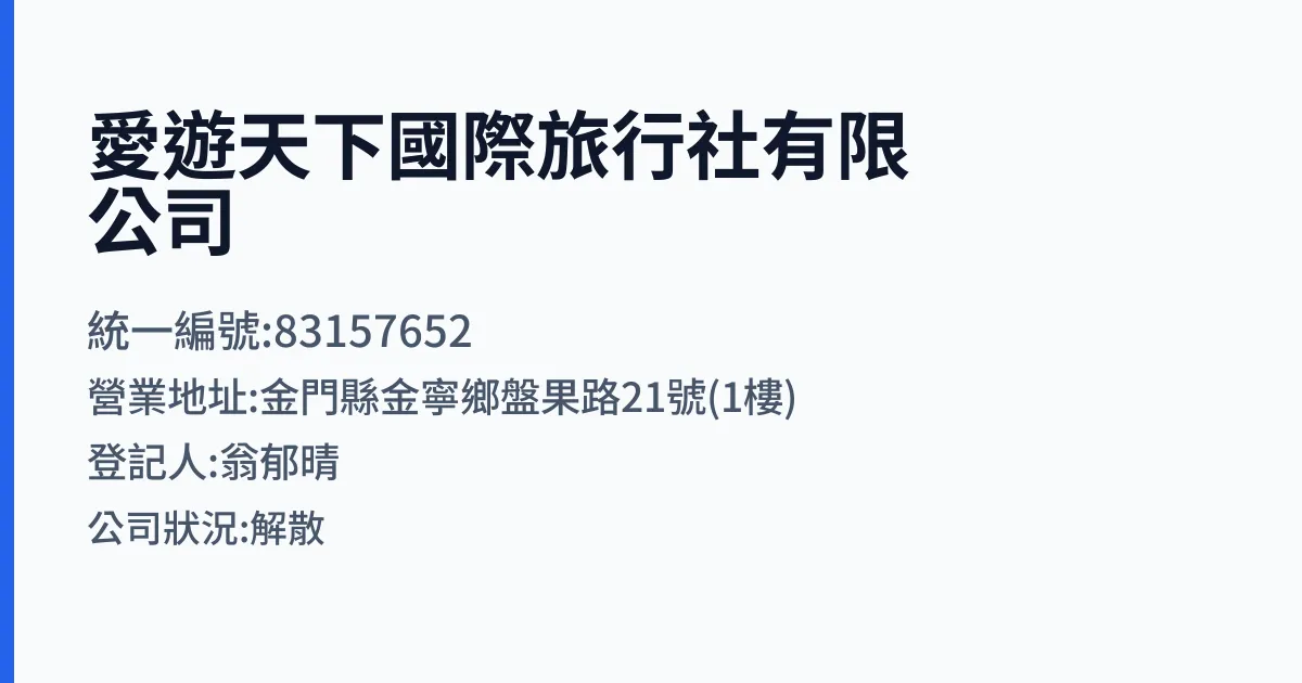 愛遊天下國際旅行社有限公司 - 統編 83157652(金門縣) 公司登記資料與營業項目詳細圖表