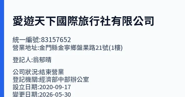 愛遊天下國際旅行社有限公司的照片-統編 83157652(金門縣) 公司登記資料與營業項目詳細圖表
