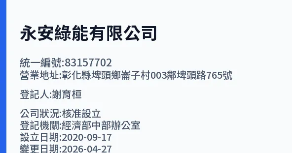 永安綠能有限公司的照片-統編 83157702(彰化縣) 公司登記資料與營業項目詳細圖表