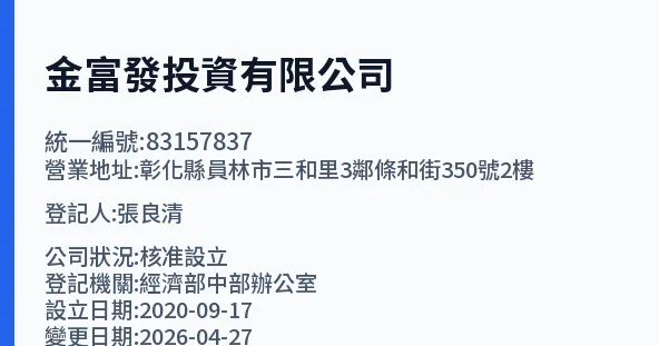 金富發投資有限公司的照片-統編 83157837(彰化縣) 公司登記資料與營業項目詳細圖表