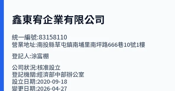 鑫東宥企業有限公司的照片-統編 83158110(南投縣) 公司登記資料與營業項目詳細圖表