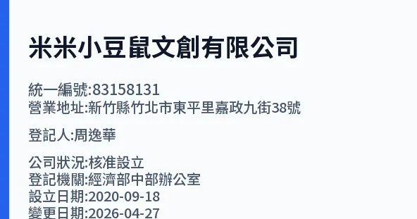米米小豆鼠文創有限公司的照片-統編 83158131(新竹縣) 公司登記資料與營業項目詳細圖表