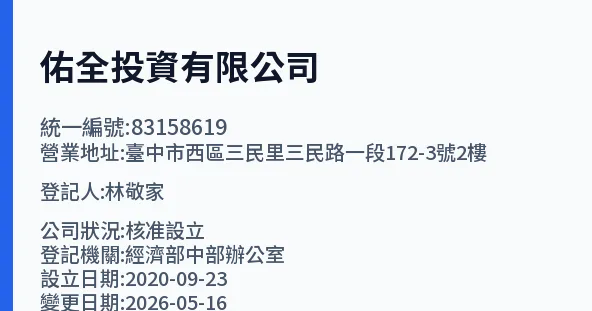 佑全投資有限公司的照片-統編 83158619(臺中市) 公司登記資料與營業項目詳細圖表