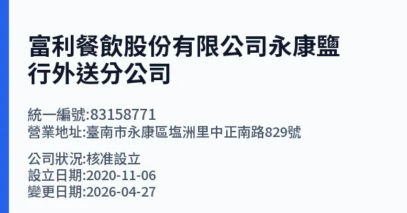 富利餐飲股份有限公司永康鹽行外送分公司的照片-統編 83158771(臺南市) 公司登記資料與營業項目詳細圖表