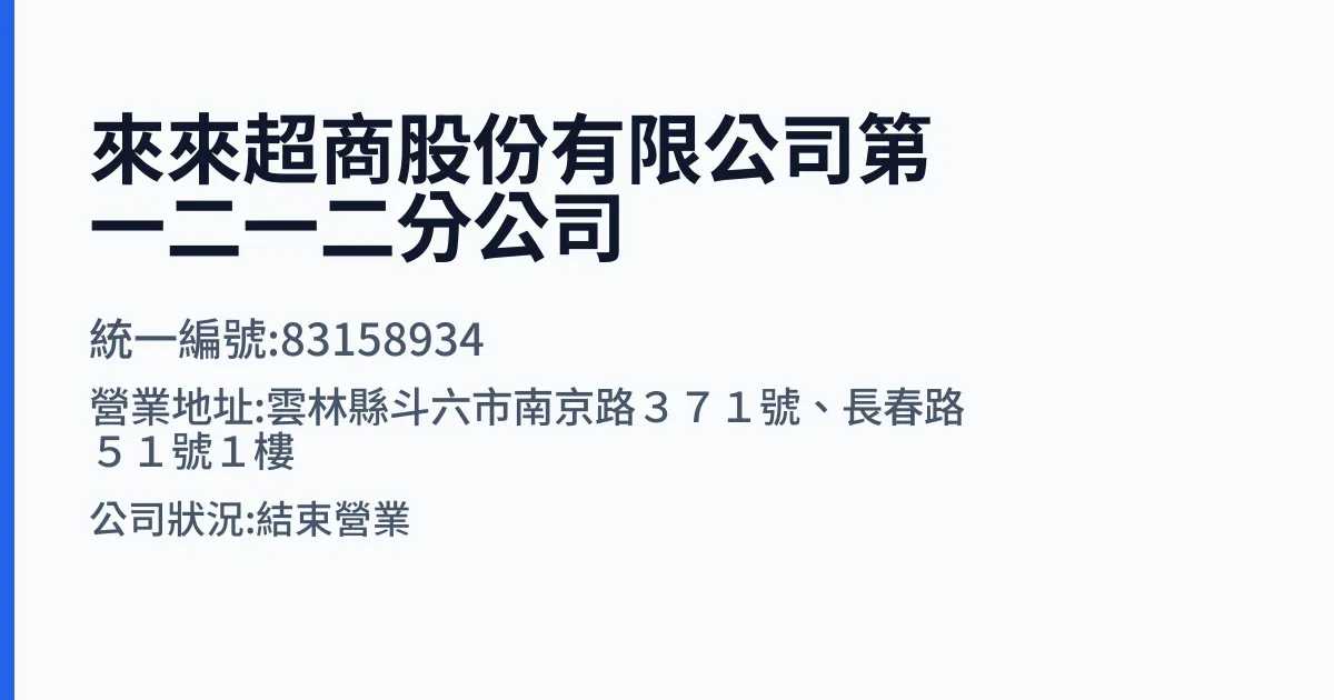 來來超商股份有限公司第一二一二分公司 - 統編 83158934(雲林縣) 公司登記資料與營業項目詳細圖表