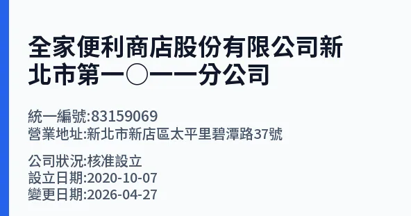 全家便利商店股份有限公司新北市第一○一一分公司的照片-統編 83159069(新北市) 公司登記資料與營業項目詳細圖表