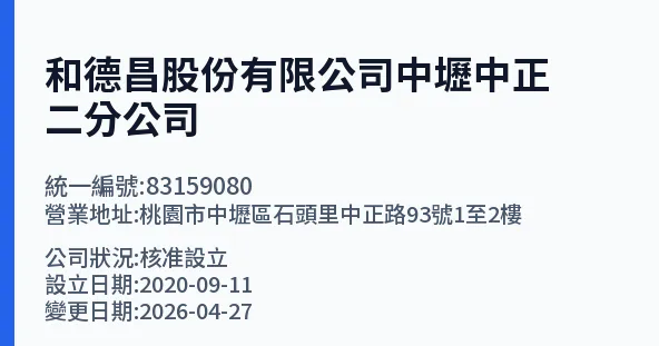 和德昌股份有限公司中壢中正二分公司的照片-統編 83159080(桃園市) 公司登記資料與營業項目詳細圖表
