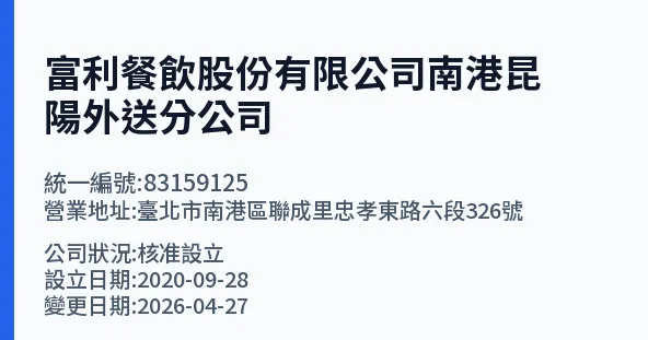 富利餐飲股份有限公司南港昆陽外送分公司的照片-統編 83159125(臺北市) 公司登記資料與營業項目詳細圖表