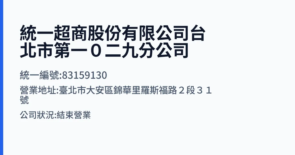 統一超商股份有限公司台北市第一０二九分公司 - 統編 83159130(臺北市) 公司登記資料與營業項目詳細圖表
