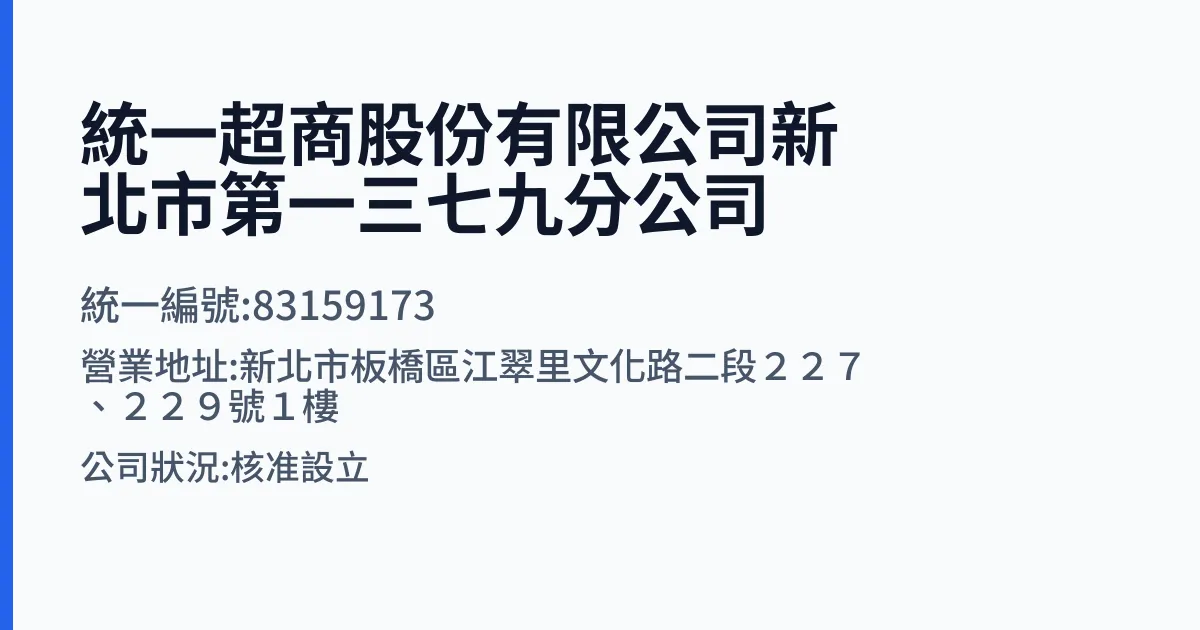 統一超商股份有限公司新北市第一三七九分公司 - 統編 83159173(新北市) 公司登記資料與營業項目詳細圖表