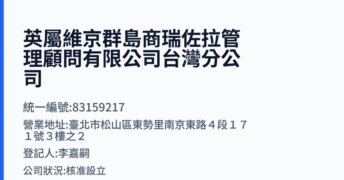英屬維京群島商瑞佐拉管理顧問有限公司台灣分公司 - 統編 83159217(臺北市) 公司登記資料與營業項目詳細圖表