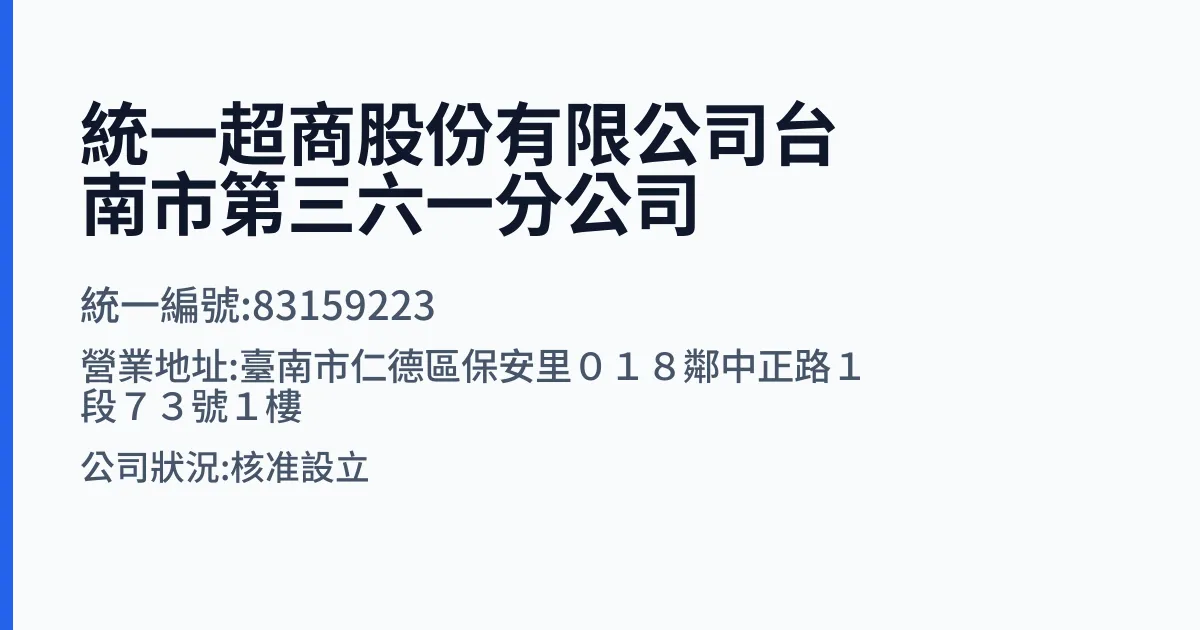 統一超商股份有限公司台南市第三六一分公司 - 統編 83159223(臺南市) 公司登記資料與營業項目詳細圖表