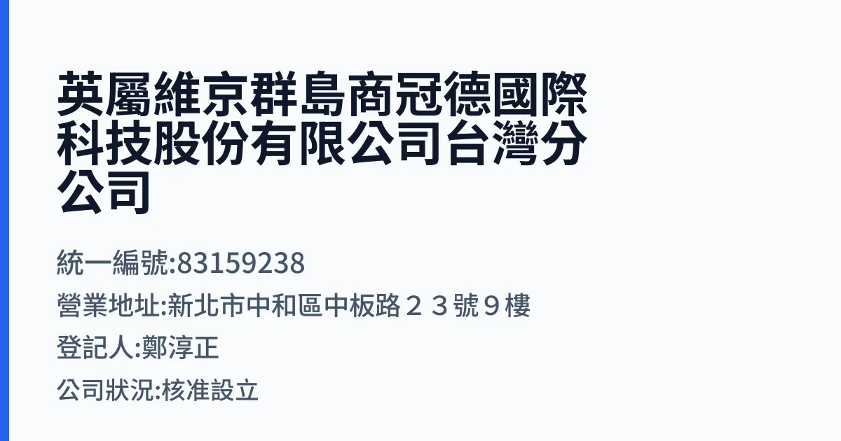 英屬維京群島商冠德國際科技股份有限公司台灣分公司 - 統編 83159238(新北市) 公司登記資料與營業項目詳細圖表