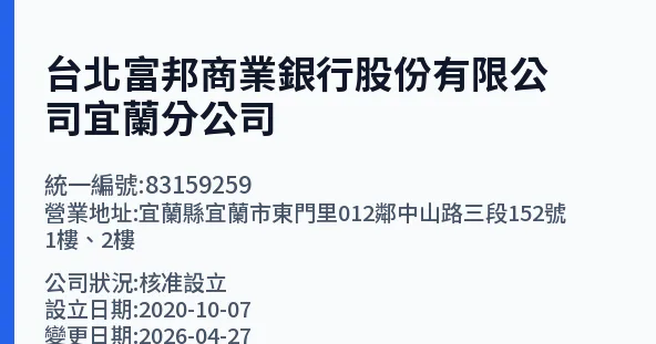 台北富邦商業銀行股份有限公司宜蘭分公司的照片-統編 83159259(宜蘭縣) 公司登記資料與營業項目詳細圖表
