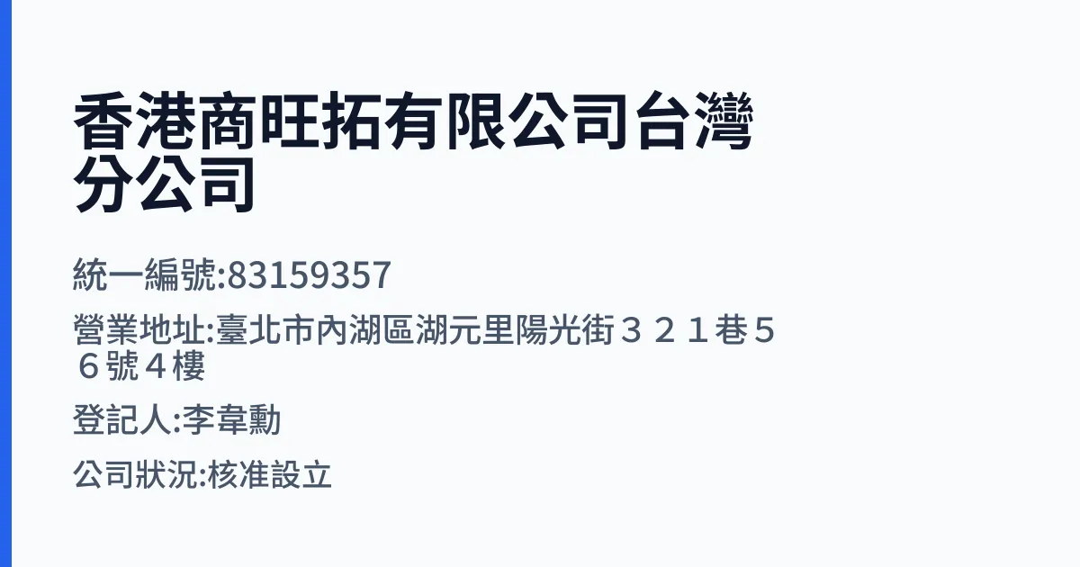 香港商旺拓有限公司台灣分公司 - 統編 83159357(臺北市) 公司登記資料與營業項目詳細圖表