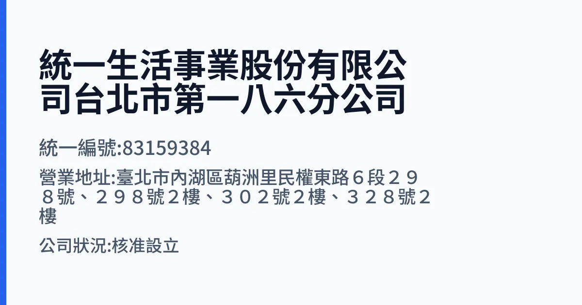 統一生活事業股份有限公司台北市第一八六分公司 - 統編 83159384(臺北市) 公司登記資料與營業項目詳細圖表