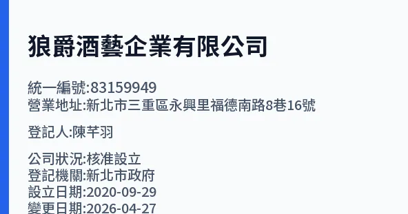 狼爵酒藝企業有限公司的照片-統編 83159949(新北市) 公司登記資料與營業項目詳細圖表