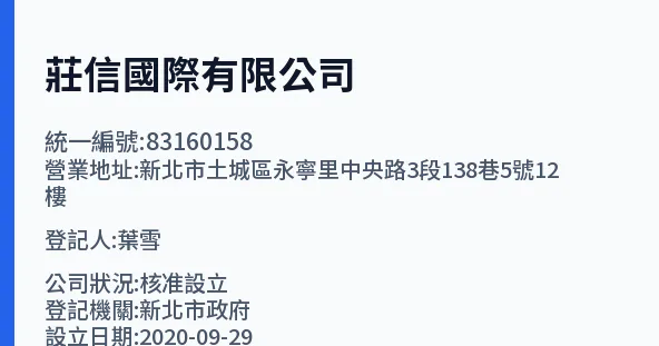 莊信國際有限公司的照片-統編 83160158(新北市) 公司登記資料與營業項目詳細圖表