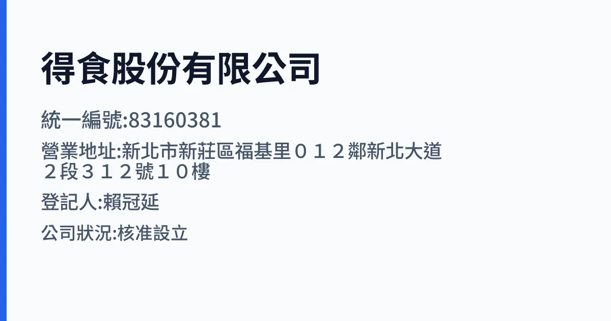 得食股份有限公司 - 統編 83160381(臺北市) 公司登記資料與營業項目詳細圖表