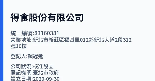 得食股份有限公司的照片-統編 83160381(新北市) 公司登記資料與營業項目詳細圖表