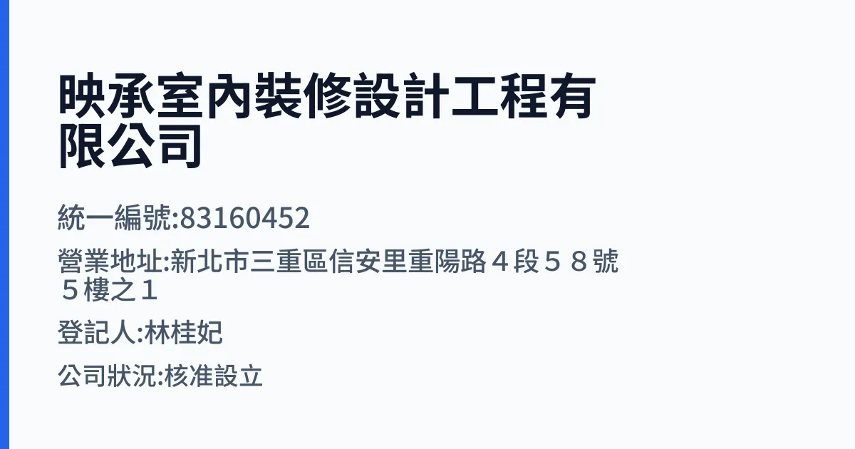 映承室內裝修設計工程有限公司 - 統編 83160452(新北市) 公司登記資料與營業項目詳細圖表