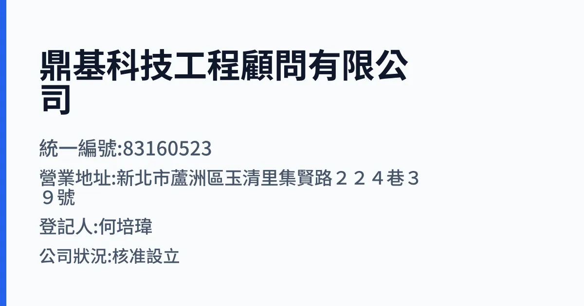 鼎基科技工程顧問有限公司 - 統編 83160523(新北市) 公司登記資料與營業項目詳細圖表