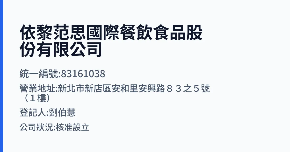 依黎范思國際餐飲食品股份有限公司 - 統編 83161038(新北市) 公司登記資料與營業項目詳細圖表
