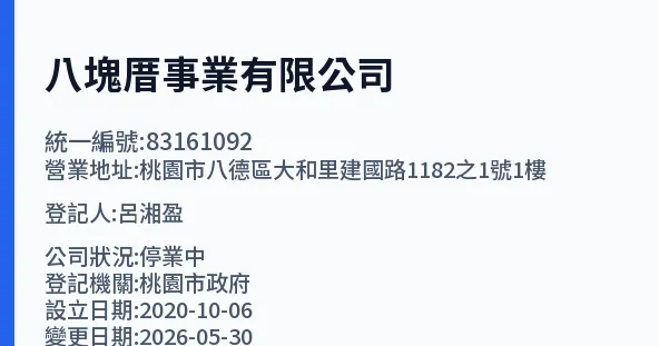 八塊厝事業有限公司的照片-統編 83161092(桃園市) 公司登記資料與營業項目詳細圖表