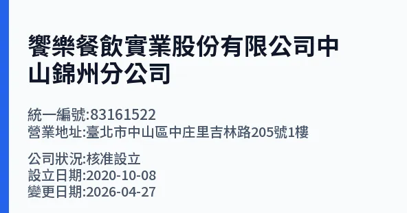 饗樂餐飲實業股份有限公司中山錦州分公司的照片-統編 83161522(臺北市) 公司登記資料與營業項目詳細圖表