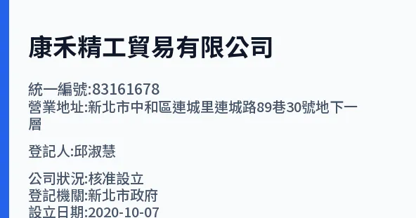 康禾精工貿易有限公司的照片-統編 83161678(新北市) 公司登記資料與營業項目詳細圖表