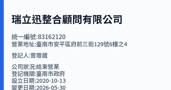 瑞立迅整合顧問有限公司的照片-統編 83162120(臺南市) 公司登記資料與營業項目詳細圖表